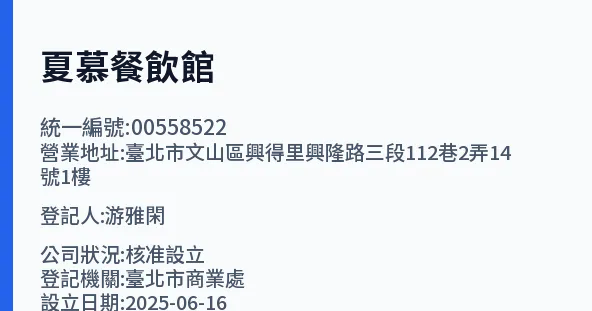 夏慕餐飲館的照片-統編 00558522(臺北市) 公司登記資料與營業項目詳細圖表