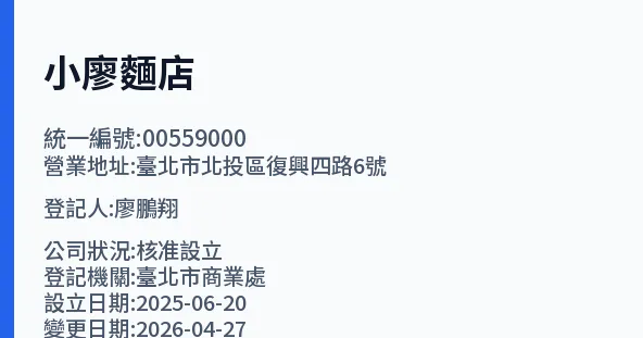 小廖麵店的照片-統編 00559000(臺北市) 公司登記資料與營業項目詳細圖表