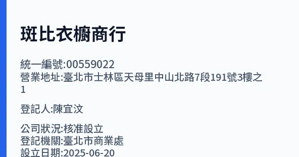斑比衣櫥商行的照片-統編 00559022(臺北市) 公司登記資料與營業項目詳細圖表