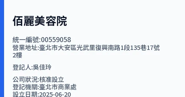 佰麗美容院的照片-統編 00559058(臺北市) 公司登記資料與營業項目詳細圖表