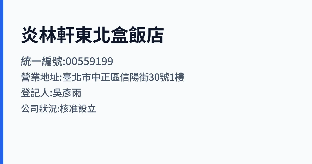 炎林軒東北盒飯店 - 統編 00559199(臺北市) 公司登記資料與營業項目詳細圖表