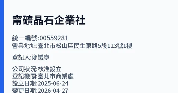 甯礦晶石企業社的照片-統編 00559281(臺北市) 公司登記資料與營業項目詳細圖表