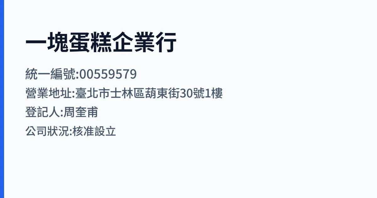 一塊蛋糕企業行 - 統編 00559579(臺北市) 公司登記資料與營業項目詳細圖表