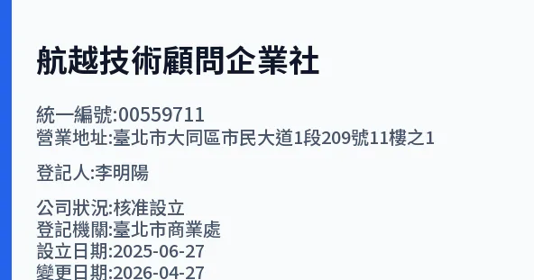 航越技術顧問企業社的照片-統編 00559711(臺北市) 公司登記資料與營業項目詳細圖表