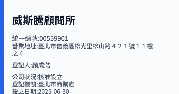 威斯騰顧問所的照片-統編 00559901(臺北市) 公司登記資料與營業項目詳細圖表