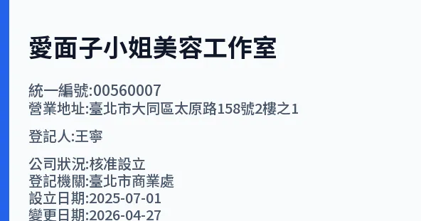 愛面子小姐美容工作室的照片-統編 00560007(臺北市) 公司登記資料與營業項目詳細圖表