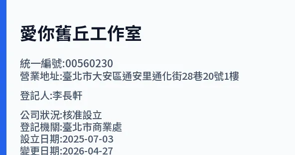 愛你舊丘工作室的照片-統編 00560230(臺北市) 公司登記資料與營業項目詳細圖表