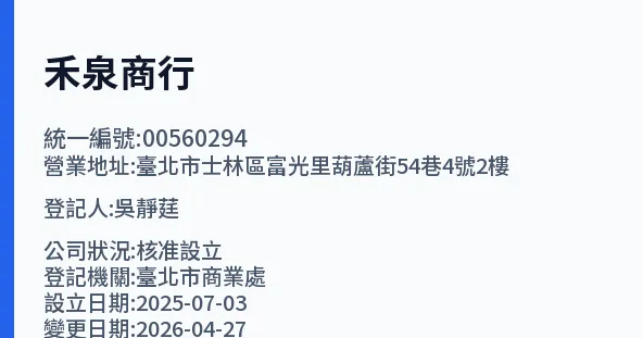 禾泉商行的照片-統編 00560294(臺北市) 公司登記資料與營業項目詳細圖表