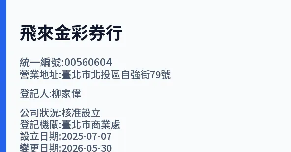 飛來金彩券行的照片-統編 00560604(臺北市) 公司登記資料與營業項目詳細圖表