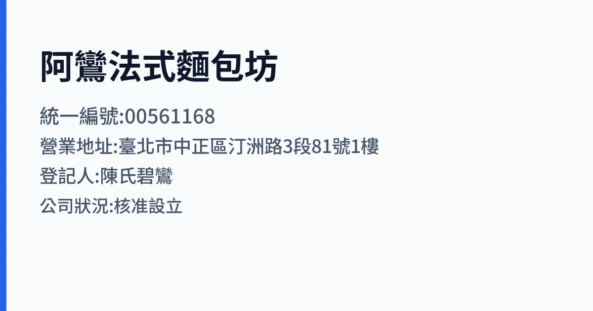 阿鸞法式麵包坊 - 統編 00561168(臺北市) 公司登記資料與營業項目詳細圖表