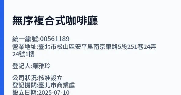 無序複合式咖啡廳的照片-統編 00561189(臺北市) 公司登記資料與營業項目詳細圖表