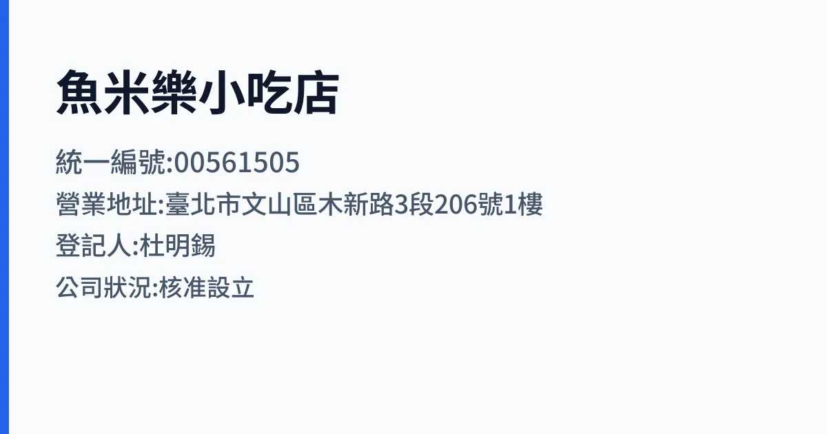 魚米樂小吃店 - 統編 00561505(臺北市) 公司登記資料與營業項目詳細圖表