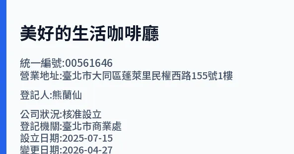 美好的生活咖啡廳的照片-統編 00561646(臺北市) 公司登記資料與營業項目詳細圖表