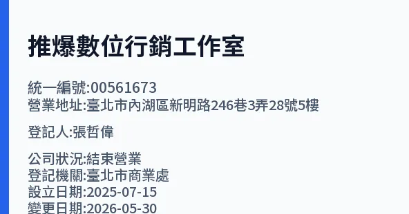 推爆數位行銷工作室的照片-統編 00561673(臺北市) 公司登記資料與營業項目詳細圖表