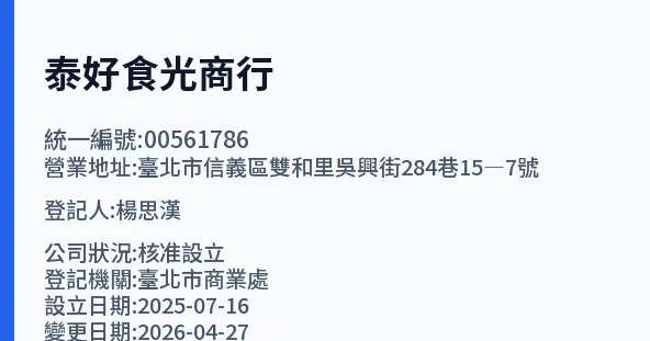 泰好食光商行的照片-統編 00561786(臺北市) 公司登記資料與營業項目詳細圖表