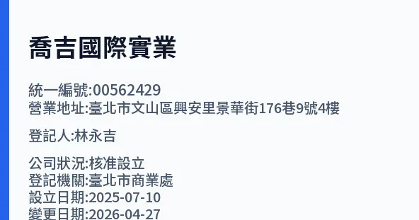 喬吉國際實業的照片-統編 00562429(臺北市) 公司登記資料與營業項目詳細圖表