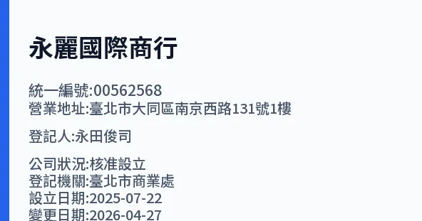 永麗國際商行的照片-統編 00562568(臺北市) 公司登記資料與營業項目詳細圖表
