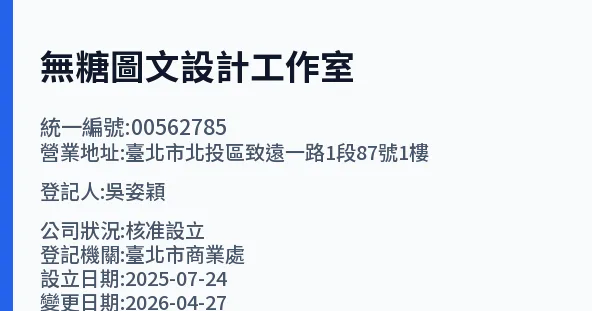 無糖圖文設計工作室的照片-統編 00562785(臺北市) 公司登記資料與營業項目詳細圖表