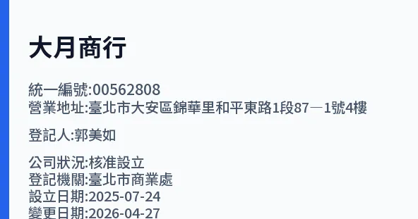大月商行的照片-統編 00562808(臺北市) 公司登記資料與營業項目詳細圖表