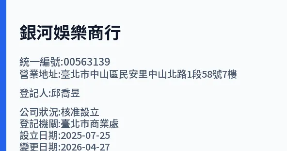 銀河娛樂商行的照片-統編 00563139(臺北市) 公司登記資料與營業項目詳細圖表
