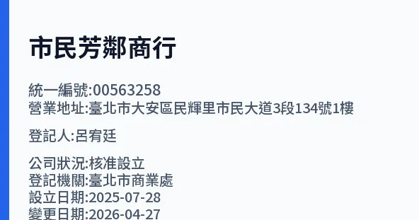 市民芳鄰商行的照片-統編 00563258(臺北市) 公司登記資料與營業項目詳細圖表