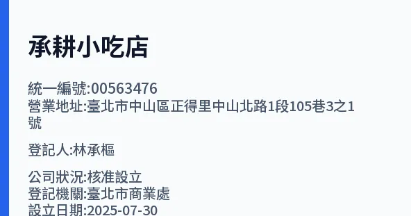 承耕小吃店的照片-統編 00563476(臺北市) 公司登記資料與營業項目詳細圖表