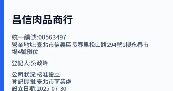 昌信肉品商行的照片-統編 00563497(臺北市) 公司登記資料與營業項目詳細圖表