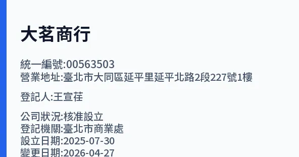 大茗商行的照片-統編 00563503(臺北市) 公司登記資料與營業項目詳細圖表