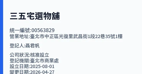 三五宅選物舖的照片-統編 00563829(臺北市) 公司登記資料與營業項目詳細圖表