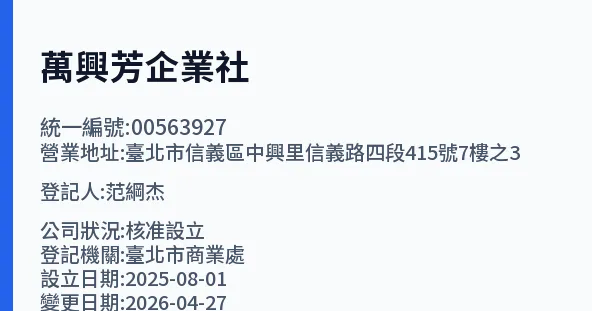 萬興芳企業社的照片-統編 00563927(臺北市) 公司登記資料與營業項目詳細圖表