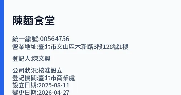 陳麵食堂的照片-統編 00564756(臺北市) 公司登記資料與營業項目詳細圖表
