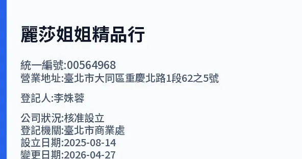 麗莎姐姐精品行的照片-統編 00564968(臺北市) 公司登記資料與營業項目詳細圖表