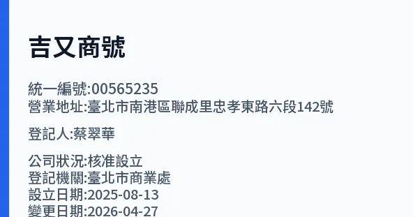 吉又商號的照片-統編 00565235(臺北市) 公司登記資料與營業項目詳細圖表