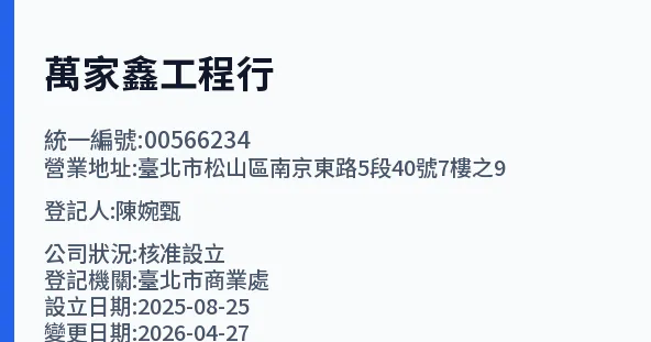 萬家鑫工程行的照片-統編 00566234(臺北市) 公司登記資料與營業項目詳細圖表