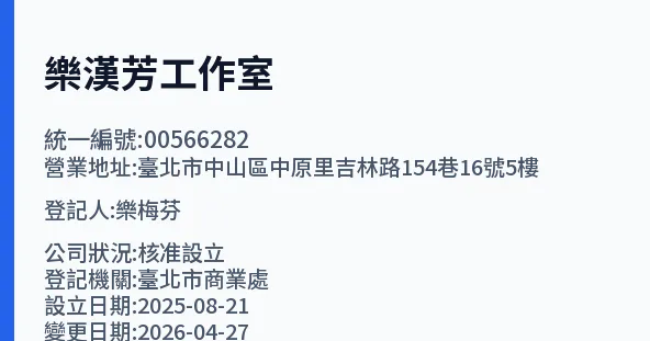 樂漢芳工作室的照片-統編 00566282(臺北市) 公司登記資料與營業項目詳細圖表