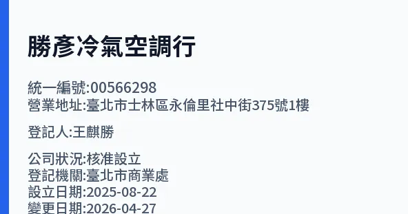 勝彥冷氣空調行的照片-統編 00566298(臺北市) 公司登記資料與營業項目詳細圖表