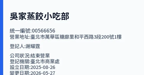 吳家蒸餃小吃部的照片-統編 00566656(臺北市) 公司登記資料與營業項目詳細圖表