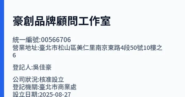 豪創品牌顧問工作室的照片-統編 00566706(臺北市) 公司登記資料與營業項目詳細圖表
