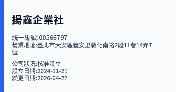 揚鑫企業社的照片-統編 00566797(臺北市) 公司登記資料與營業項目詳細圖表