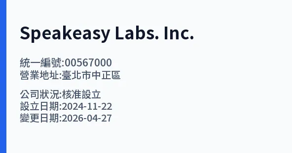Speakeasy Labs. Inc.的照片-統編 00567000(臺北市) 公司登記資料與營業項目詳細圖表