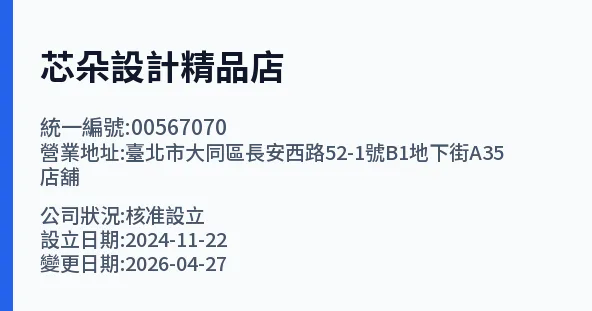 芯朵設計精品店的照片-統編 00567070(臺北市) 公司登記資料與營業項目詳細圖表