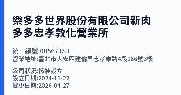 樂多多世界股份有限公司新肉多多忠孝敦化營業所的照片-統編 00567183(臺北市) 公司登記資料與營業項目詳細圖表