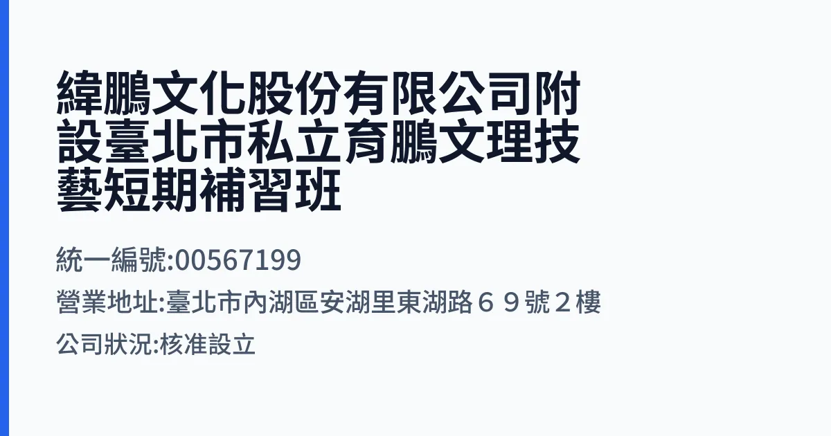 緯鵬文化股份有限公司附設臺北市私立育鵬文理技藝短期補習班 - 統編 00567199(臺北市) 公司登記資料與營業項目詳細圖表