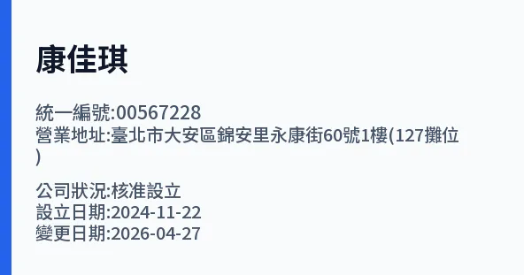 康佳琪的照片-統編 00567228(臺北市) 公司登記資料與營業項目詳細圖表