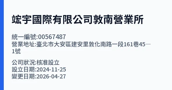 竤宇國際有限公司敦南營業所的照片-統編 00567487(臺北市) 公司登記資料與營業項目詳細圖表