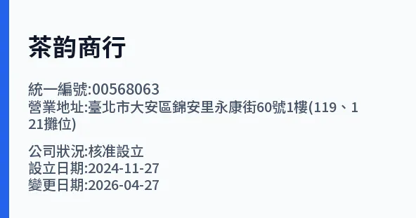 茶韵商行的照片-統編 00568063(臺北市) 公司登記資料與營業項目詳細圖表
