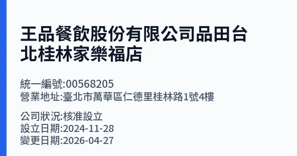 王品餐飲股份有限公司品田台北桂林家樂福店的照片-統編 00568205(臺北市) 公司登記資料與營業項目詳細圖表