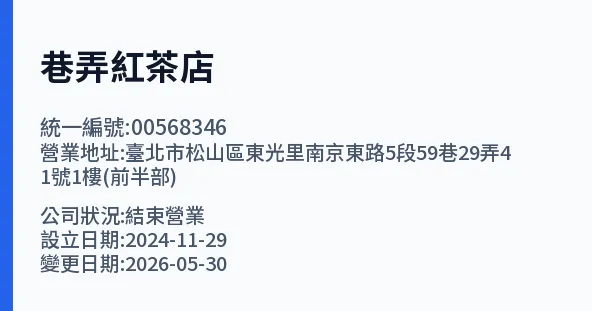 巷弄紅茶店的照片-統編 00568346(臺北市) 公司登記資料與營業項目詳細圖表