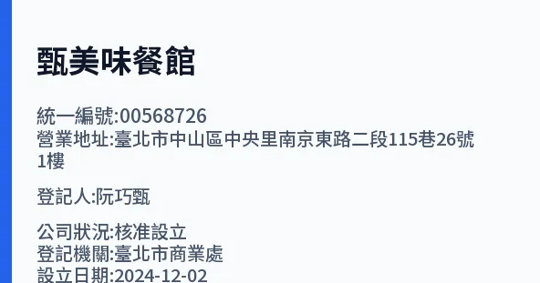 甄美味餐館的照片-統編 00568726(臺北市) 公司登記資料與營業項目詳細圖表