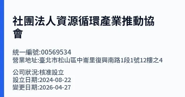 社團法人資源循環產業推動協會的照片-統編 00569534(臺北市) 公司登記資料與營業項目詳細圖表